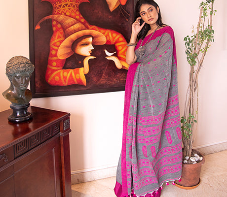 Neemki Kaj on Handloom Saree - Grey - ArtisanSoul