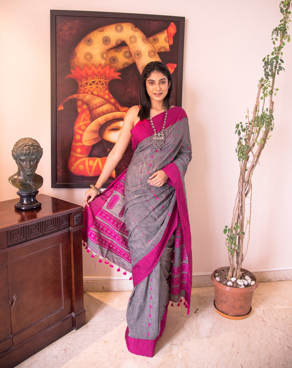 Neemki Kaj on Handloom Saree - Grey - ArtisanSoul