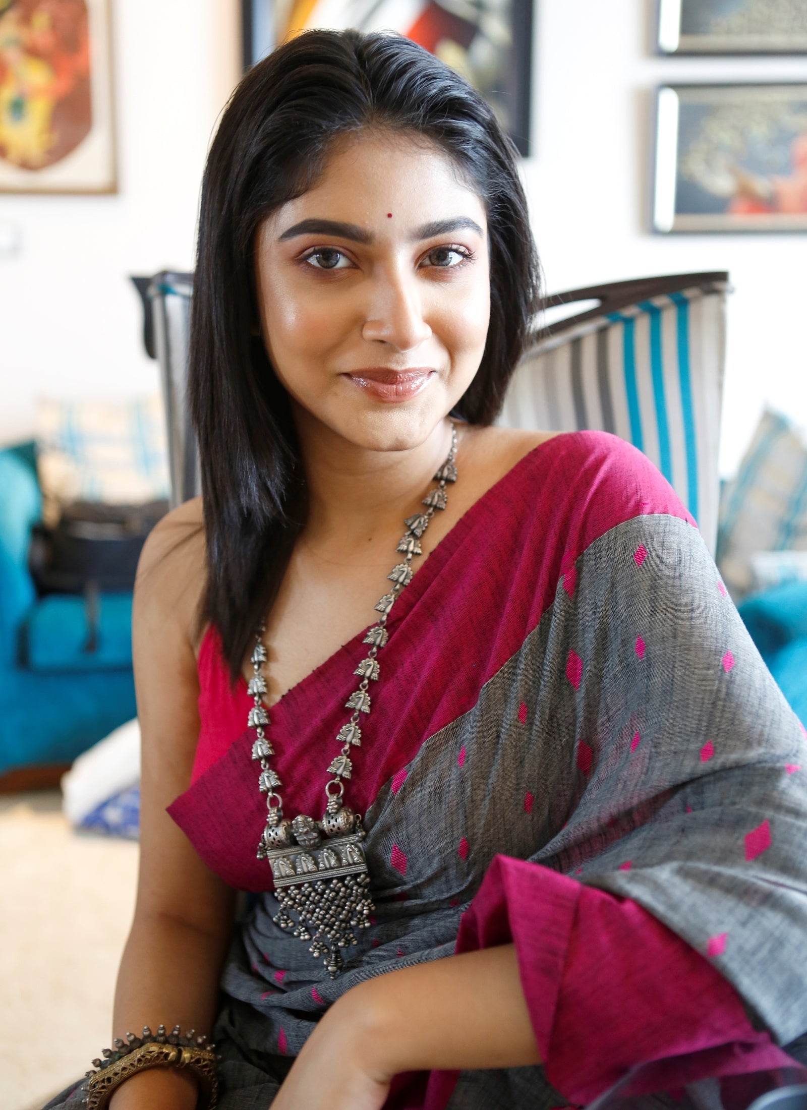 Neemki Kaj on Handloom Saree - Grey - ArtisanSoul